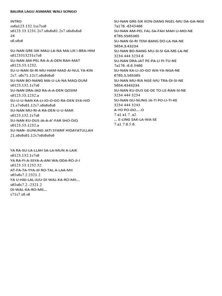 Notasi Balira Asmane Wali Songo | PDF