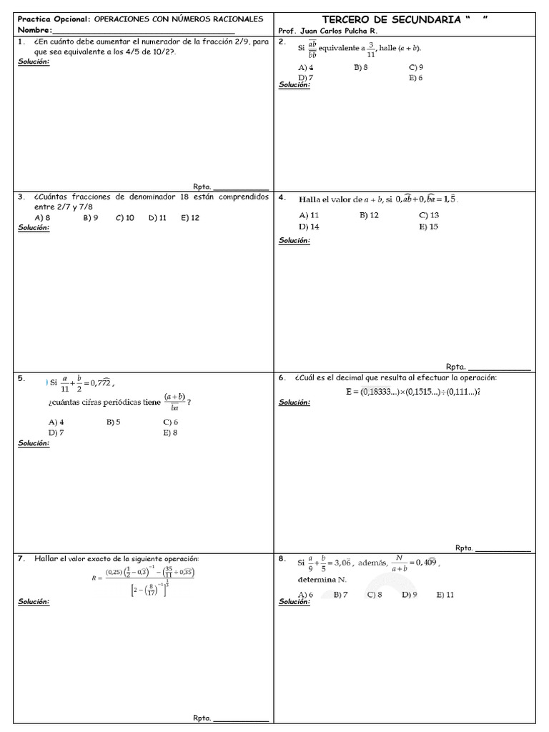 Operaciones con Números Racionales para Secundaria | PDF | Matemáticas ...