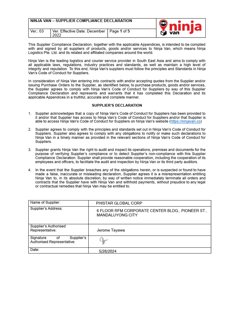 Supplier Compliance Declaration (Updated Dec 2022) | PDF | Supply Chain ...
