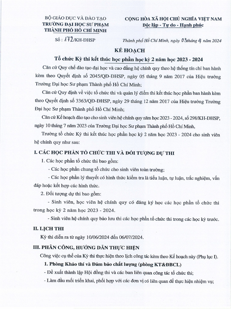 2321 - 172 - KH - Thi HK2 2023-2024 | PDF