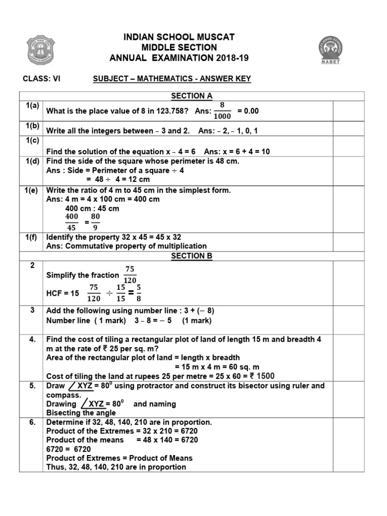 Class 6 - Mathematics - Answer Key - Annual Examination | PDF | Mathematics
