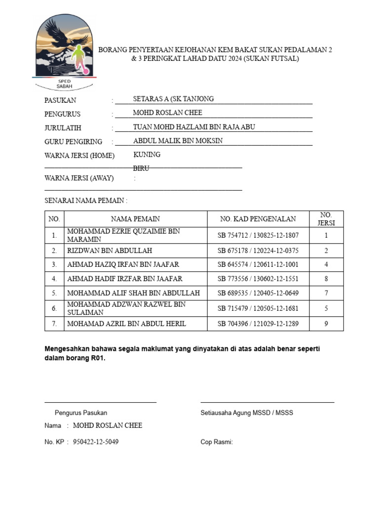 Borang Penyertaan SPED - Futsal | PDF