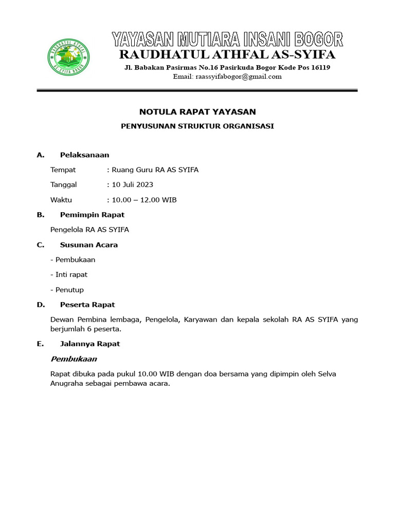 Notula Rapat Struktur Organisasi RA AS-SYIFA | PDF
