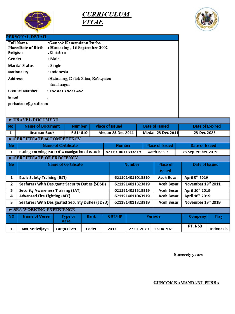 CV - Guncok Kamandanu Purba | PDF | Sailor | Navigation