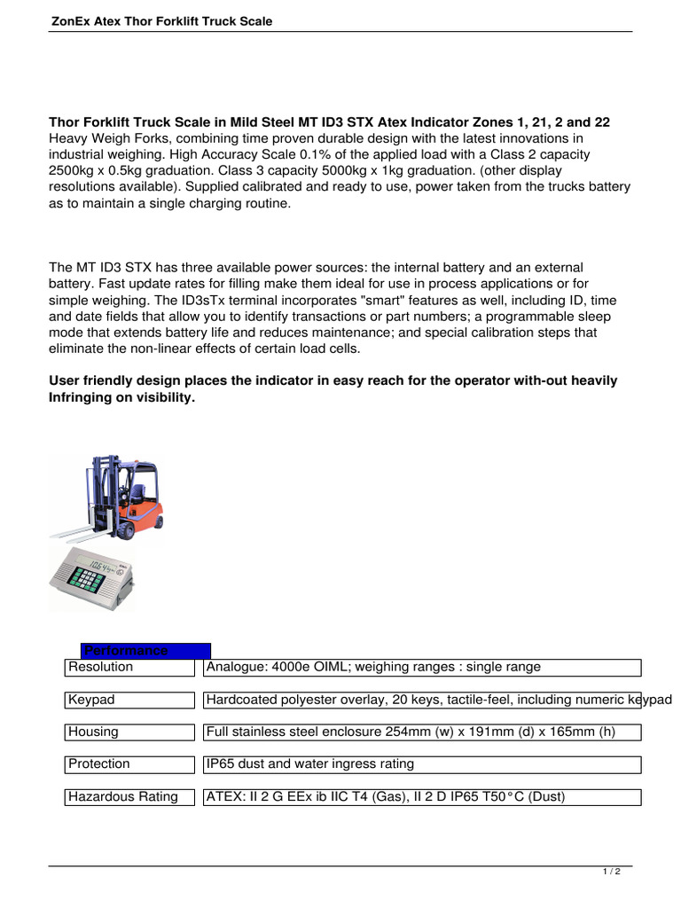 Zonex Atex Thor Forklift Truck Scale | PDF | Battery Charger | Forklift
