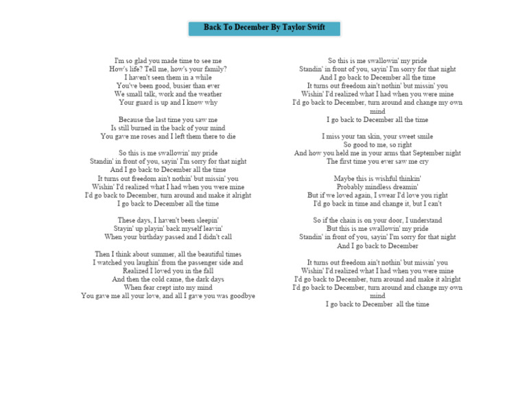 Back To December | PDF | Ballad | Song Recordings