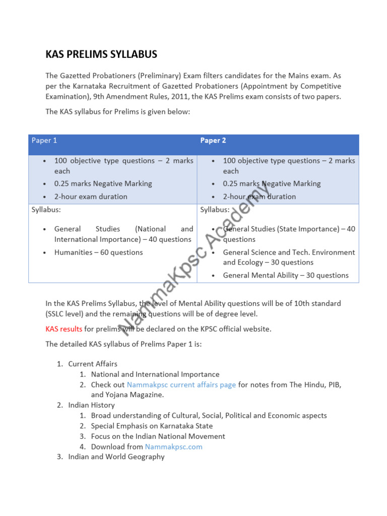 KAS Prelims Syllabus 2021 | PDF | Career & Growth