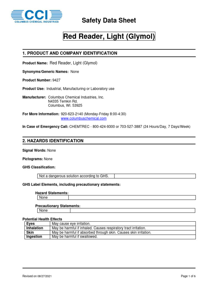 Red Reader, Light (Glymol) 9427 | PDF | Chemistry | Safety