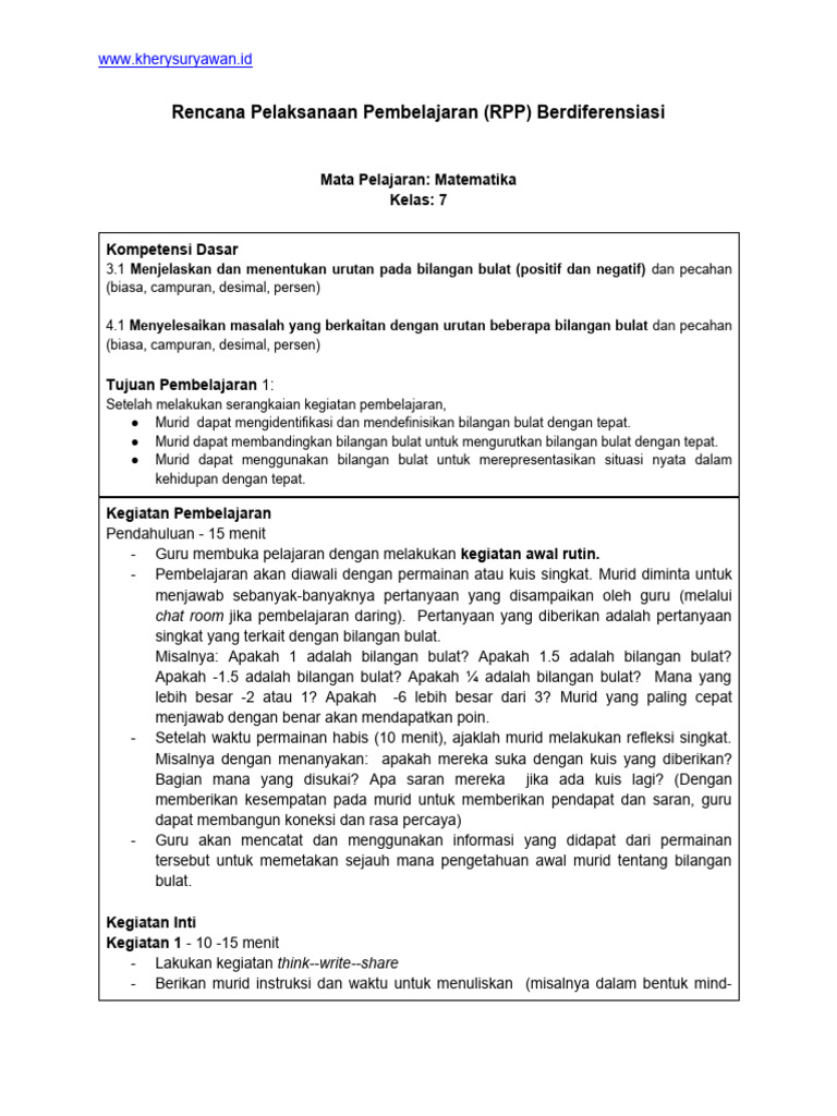 Contoh RPP Berdiferensiasi - WWW - Kherysuryawan.id | PDF