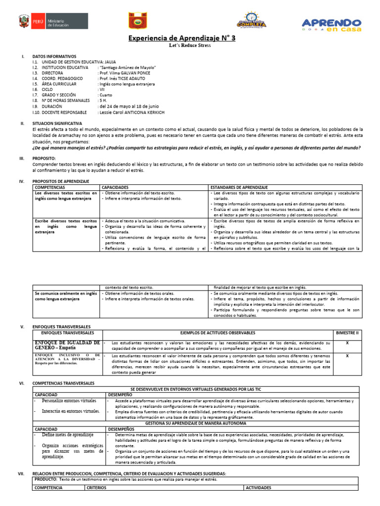 Carol-Ingles 4°-Ex - Ap.N°3 | PDF | Evaluación | Aprendizaje