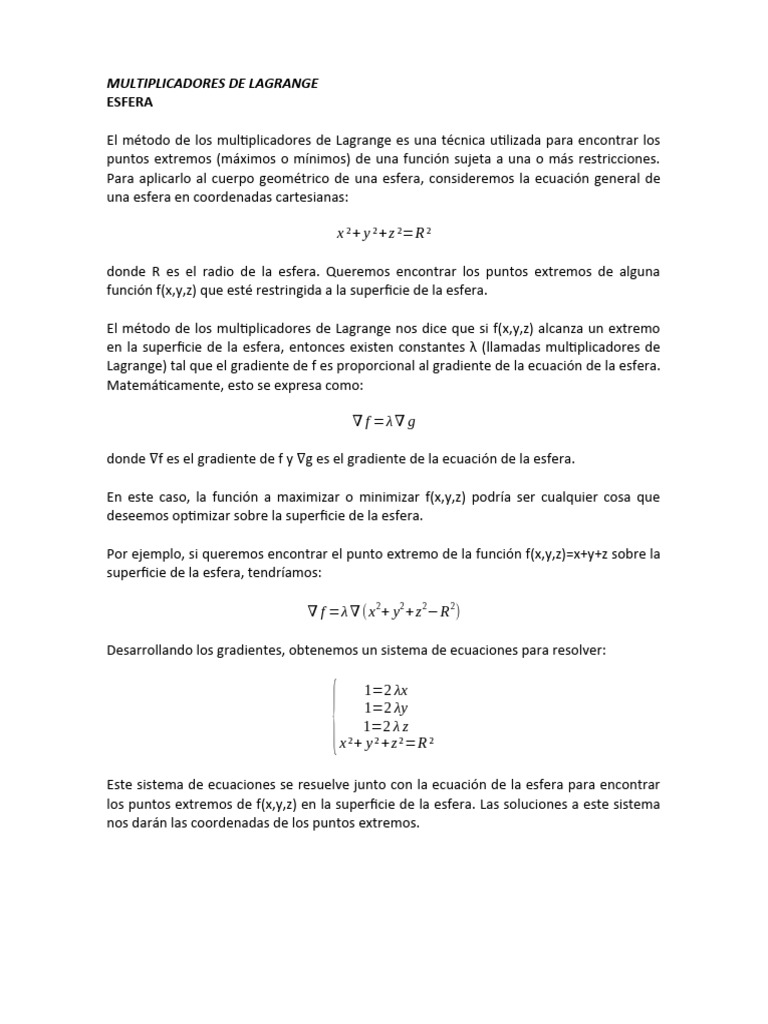 Esfera: Multiplicadores de Lagrange | PDF | Ecuaciones | Conceptos matemáticos