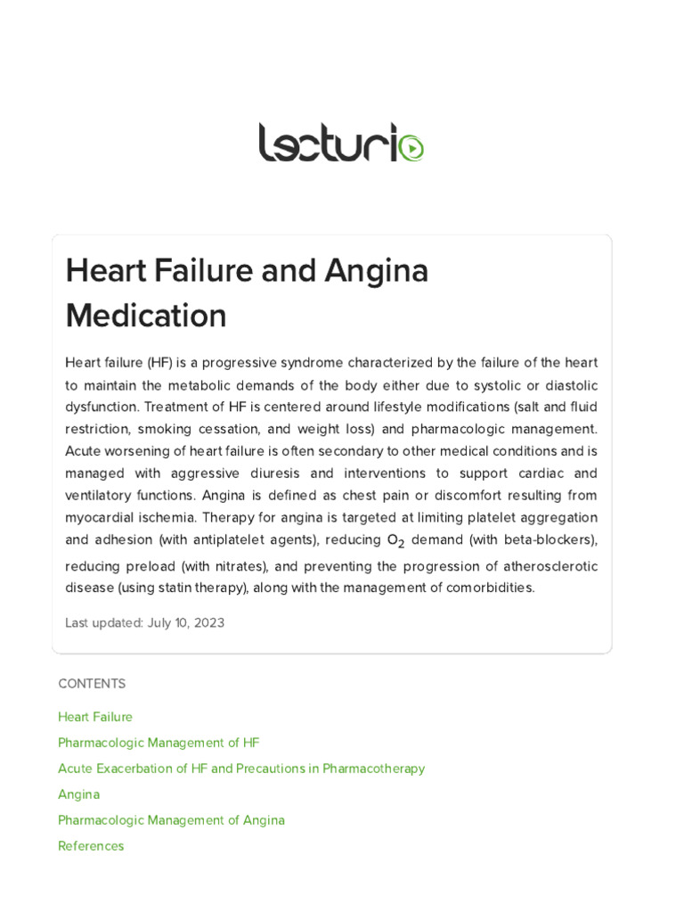 Heart Failure and Angina Medication - Lecturio | PDF | Heart Failure ...