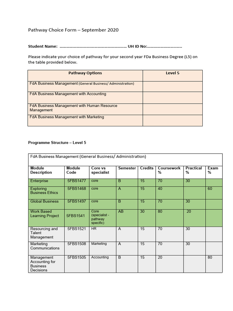 L5 Pathway Choice Form | Download Free PDF | Business | Accounting