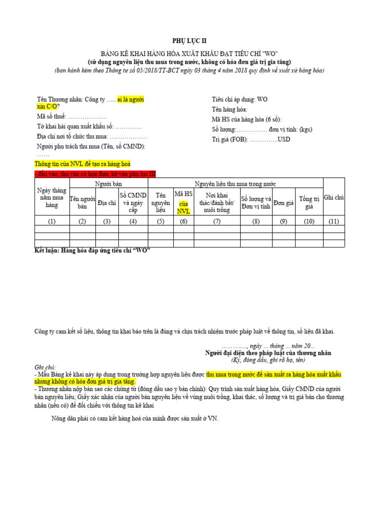 Phụ Lục Ii: (ban hành kèm theo Thông tư số 05/2018/TT-BCT ngày 03 tháng 4 năm 2018 quy định về ...