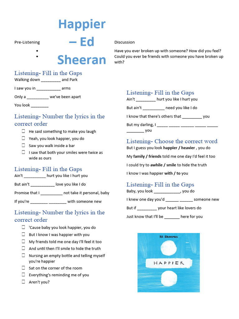 Song Happier by Ed Sheeran Worksheet Templates Layouts - 102209 | PDF
