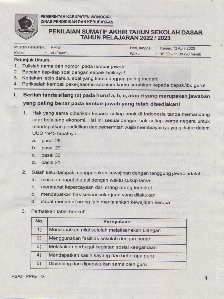 Pat - KLS.6 - TP 2022-2023 - PPKN | PDF