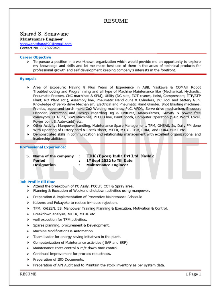 Resume-Sharad S. Sonawane (New 1) | PDF | Automation | Machines