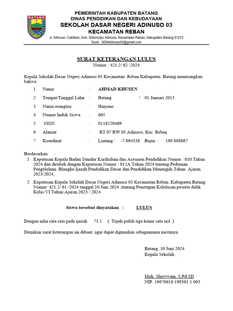 Surat Keterangan Lulus SD 2024 | PDF
