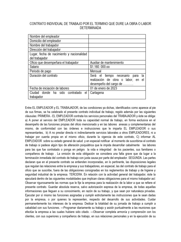 Contrato Individual de Trabajo Por El Termino Que Dure La Obra o Labor Determinada | PDF ...