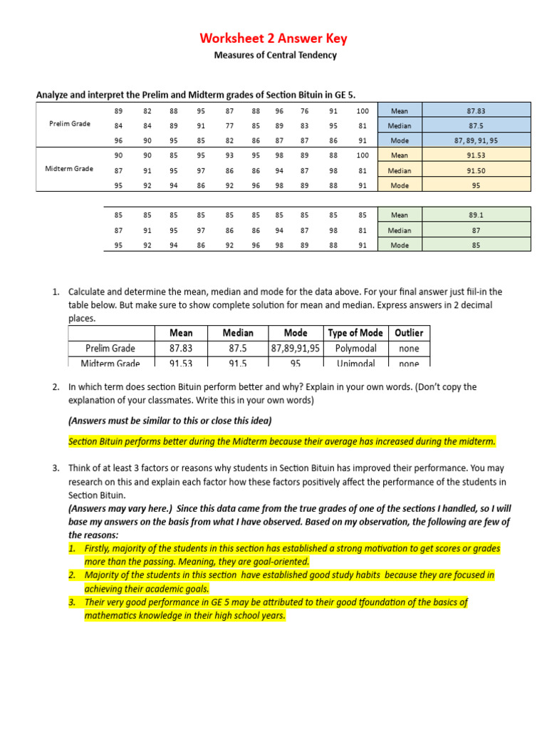 Worksheet 2 Final Term Answer Key | PDF | Mean | Median