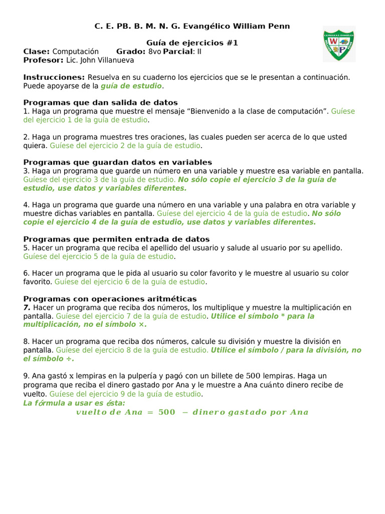 Guía de ejercicios #1 8vo Computación | PDF | Informática | Ciencias de la Computación