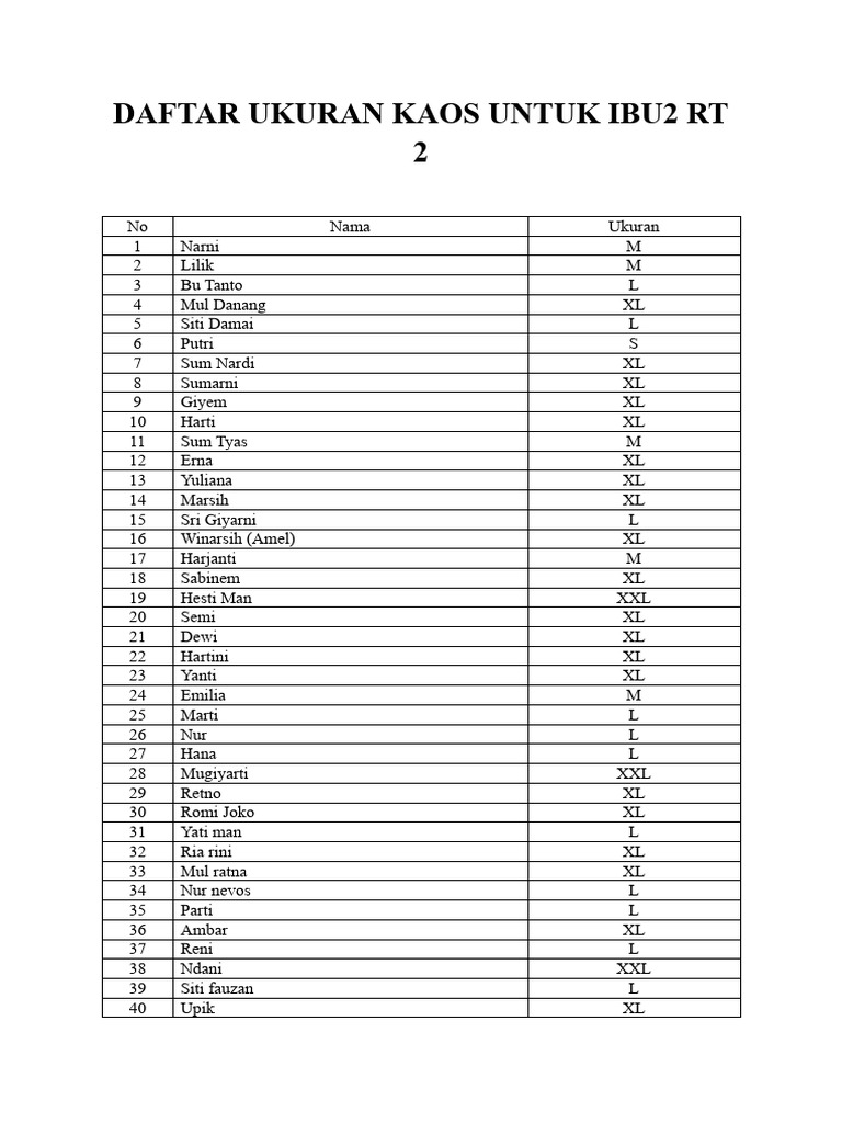 Daftar Ukuran Kaos | PDF