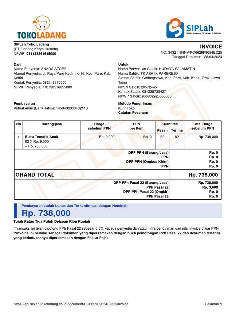Invoice Pembayaran TK ABA IX Parerejo | PDF