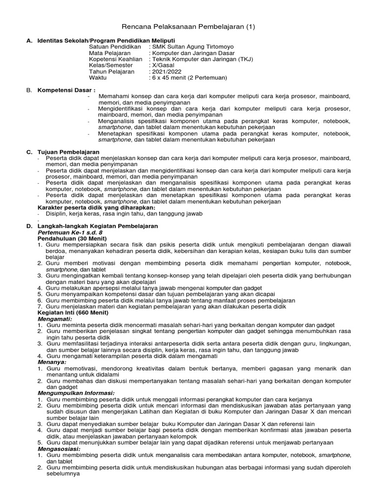 RPP Komputer Jaringan Dasar Kelas X | PDF