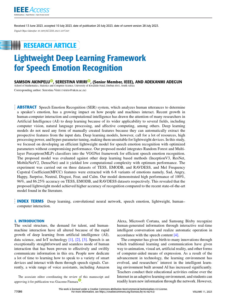 Lightweight Deep Learning for SER | PDF | Deep Learning | Artificial Neural Network