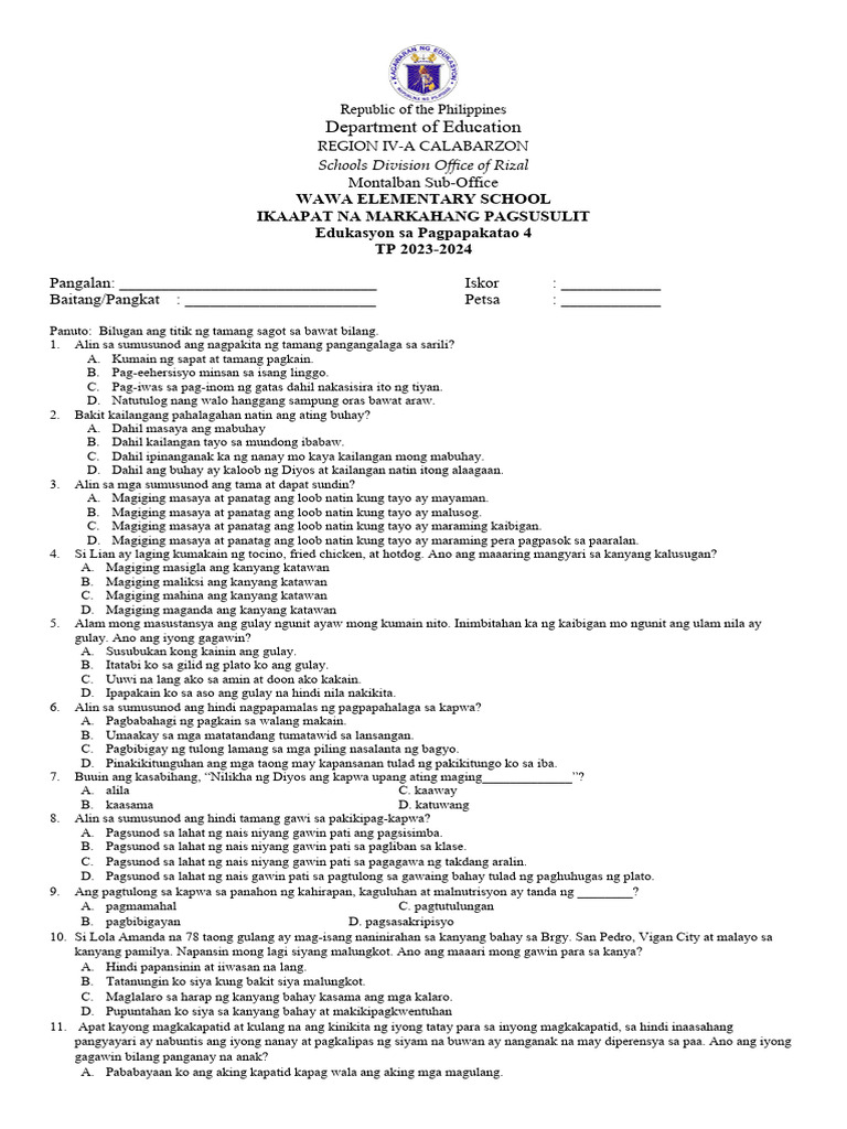 Validated Ikaapat Na Markahang Pagsusulit Sa Esp 4 | PDF