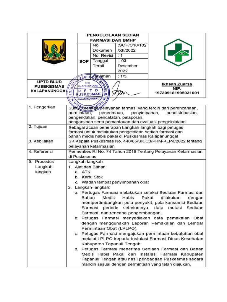 SOP Pengeloaan Sediaan Farmasi Dan BMHP | PDF | Sains & Matematika