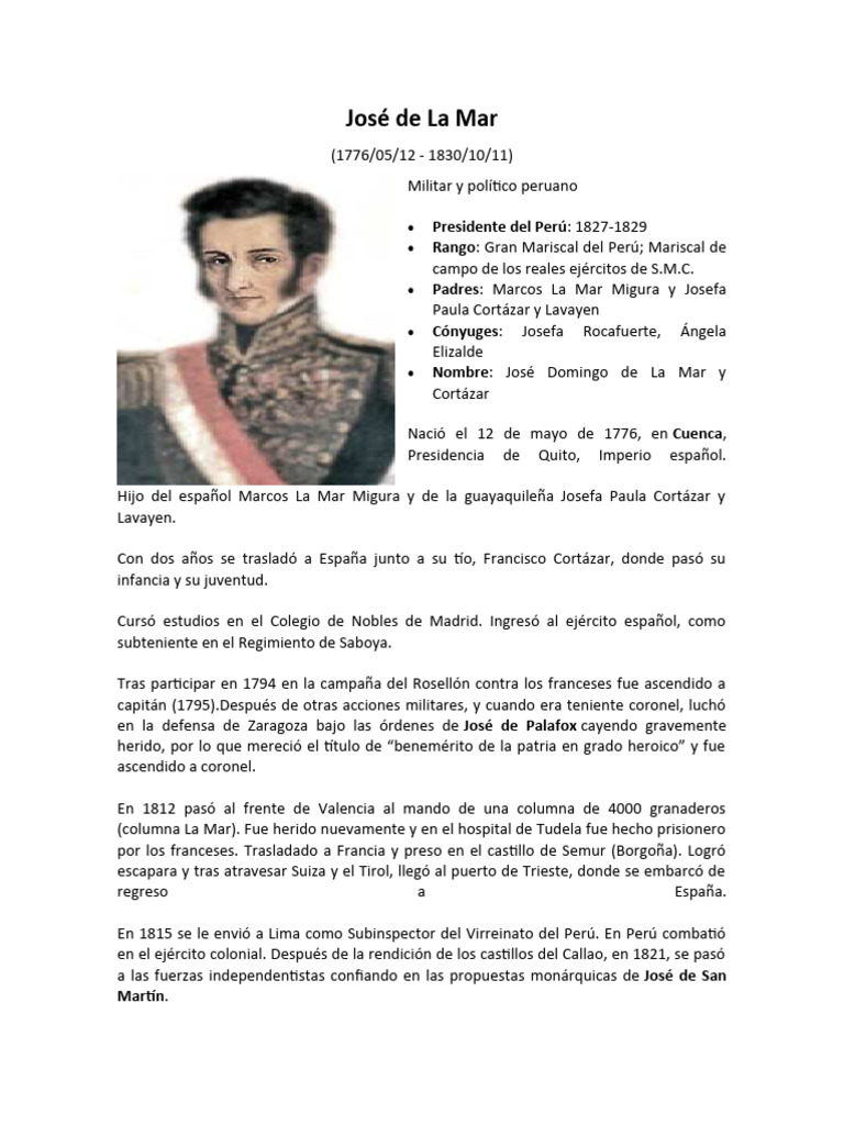Biografía de José de La Mar | PDF | América del Sur | Perú