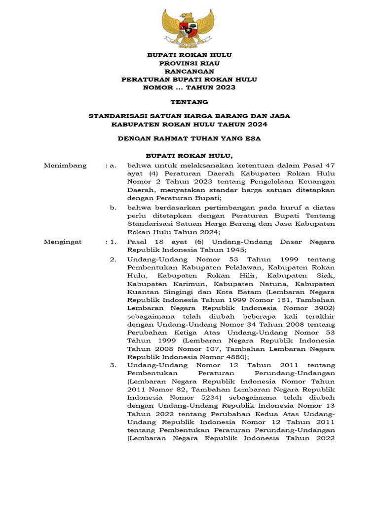 Ranperbup Rokan Hulu Tentang SSH Tahun 2024 Oke 25-10-2023 Final.... | PDF