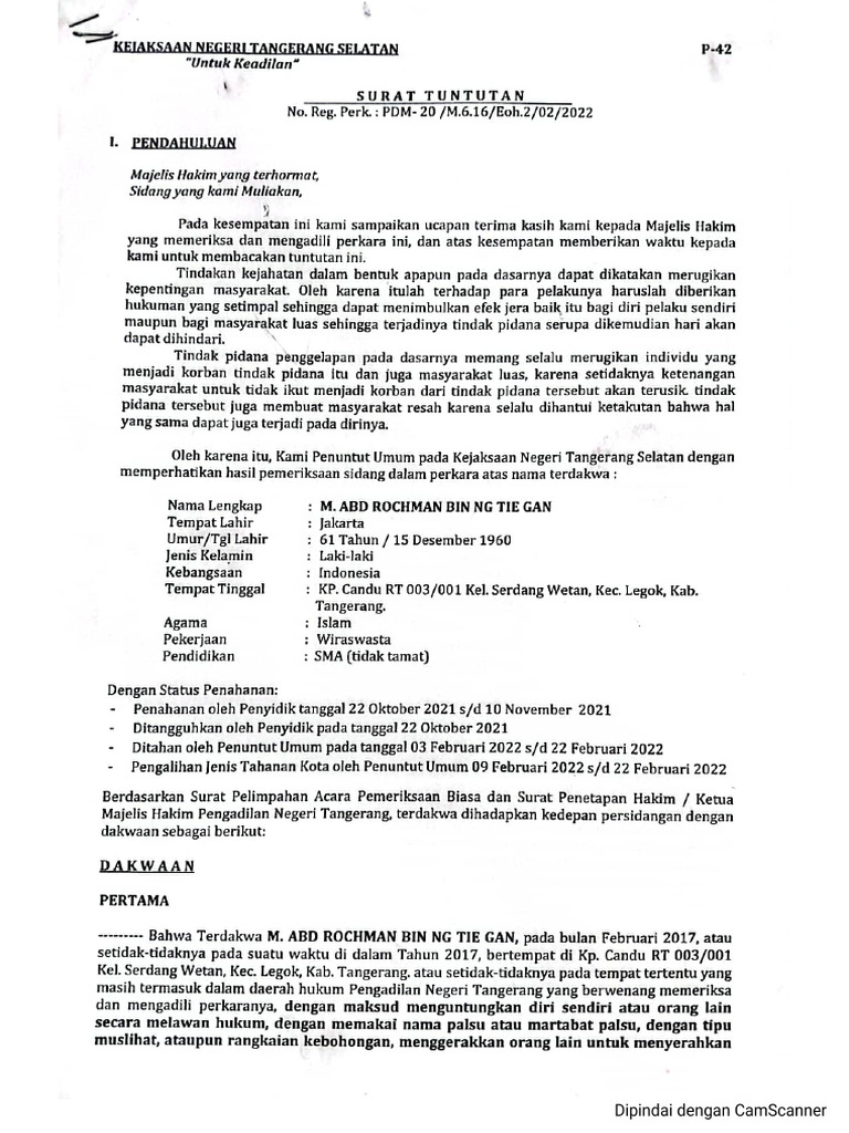 Surat Tuntutan Perkara Nomor 245 PN TNG | PDF