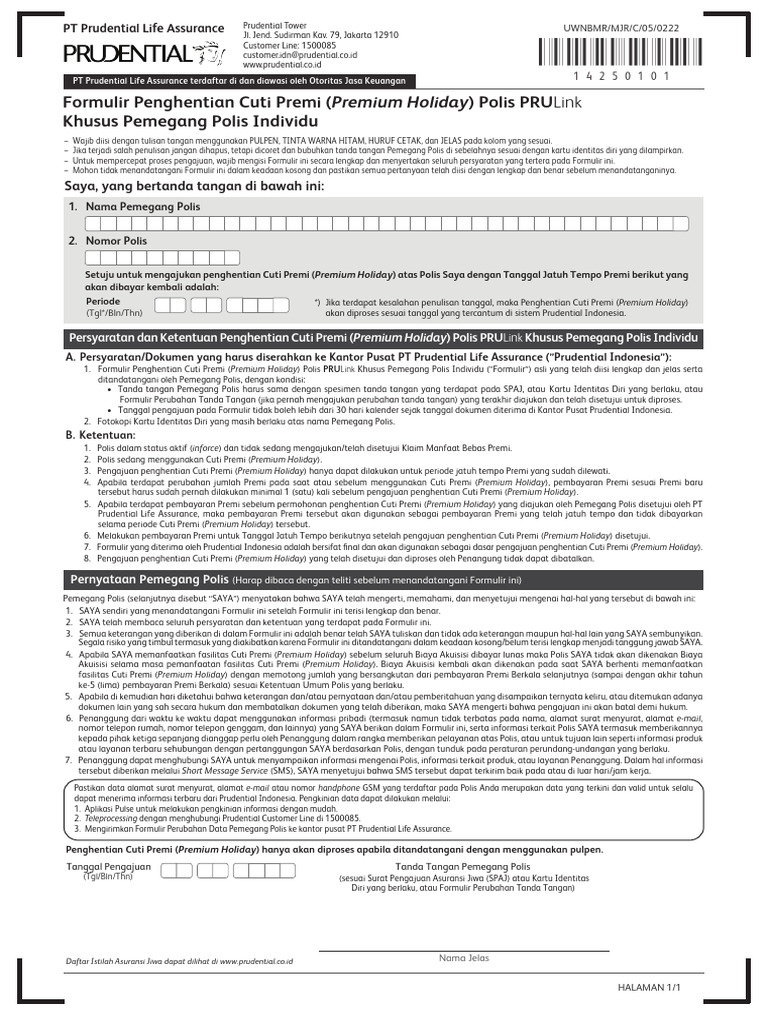 Formulir Penghentian Cuti Premi Untuk Pemegang Polis Individu - MJR - C - 05 - 0222 | PDF