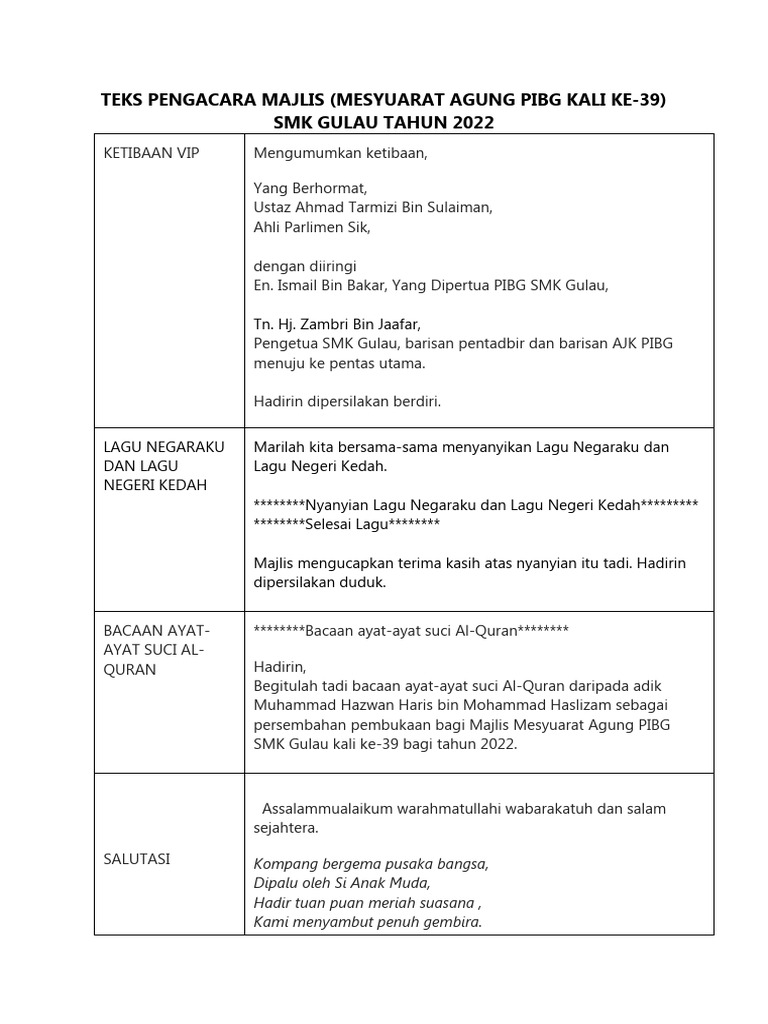 Teks Pengacara Majlis Mesyuarat Pibg 2022 | PDF