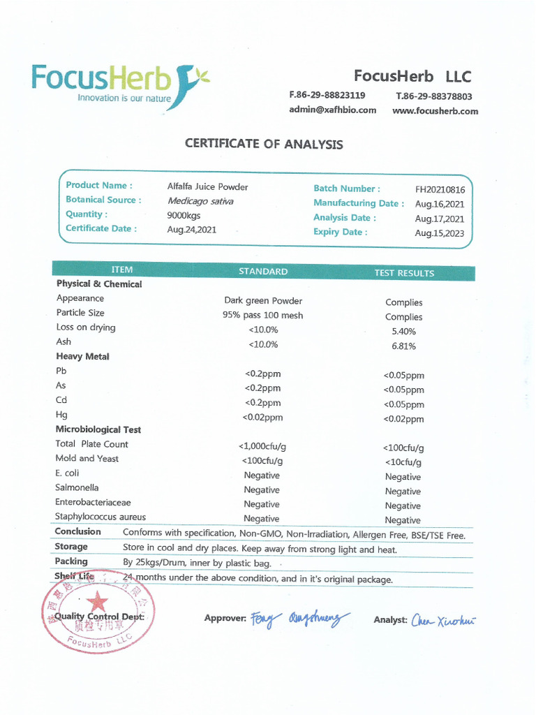 COA Alfalfa Juice Powder | PDF