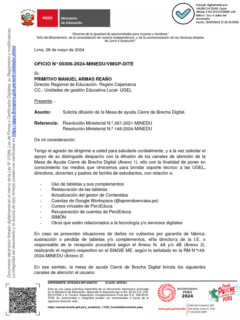 OFICIO 306-2024 - Mesa de Ayuda Tabletas | PDF