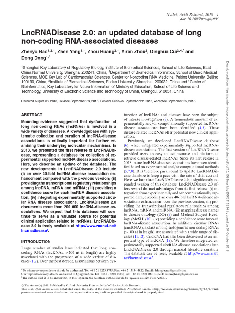LncRNA-Disease Database Update | PDF | Micro Rna | World Wide Web