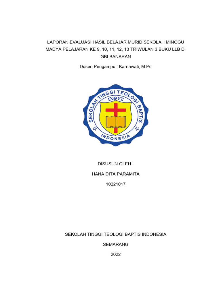 Laporan Evaluasi Hasil Belajar Murid Sekolah Minggu Madya Pelajaran Ke 1 | PDF