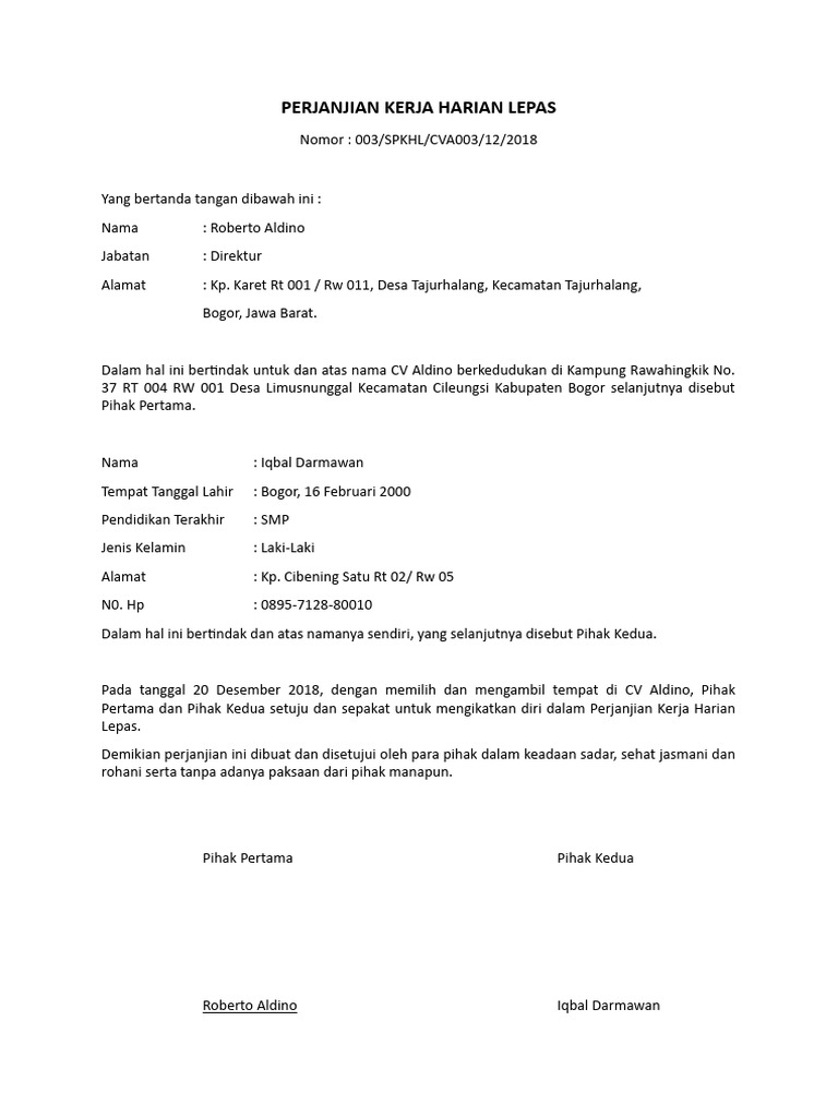 PERJANJIAN KERJA HARIAN LEPAS IQBAL | PDF