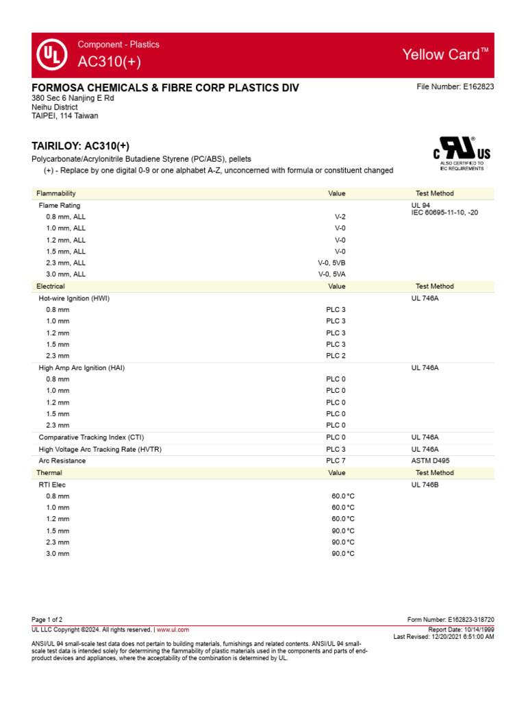 UL Yellow Card TAIRILOY AC310 (+) | PDF | Materials | Electrical ...