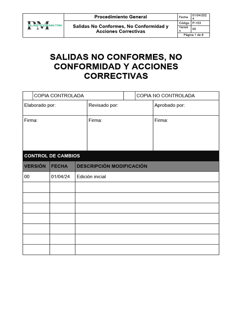P-103 Salidas No Conformes, No Conformidad y Acciones Correctivas | PDF ...