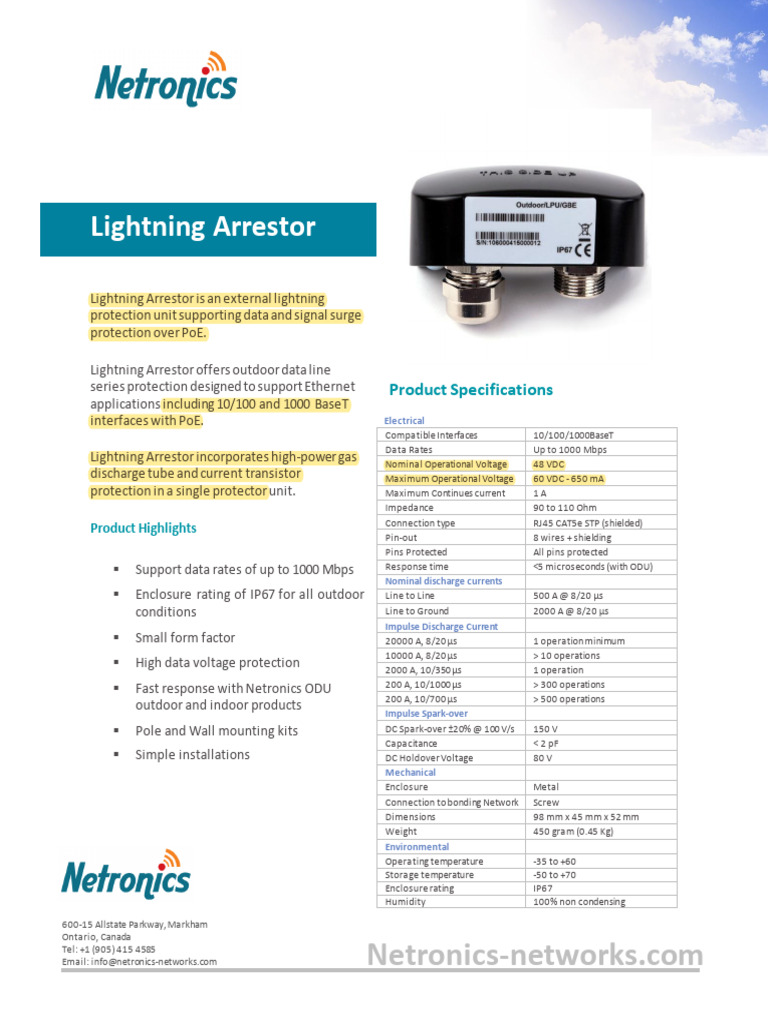 Netronics Lightning Arrestor Data Sheet | PDF | Electronic Engineering ...