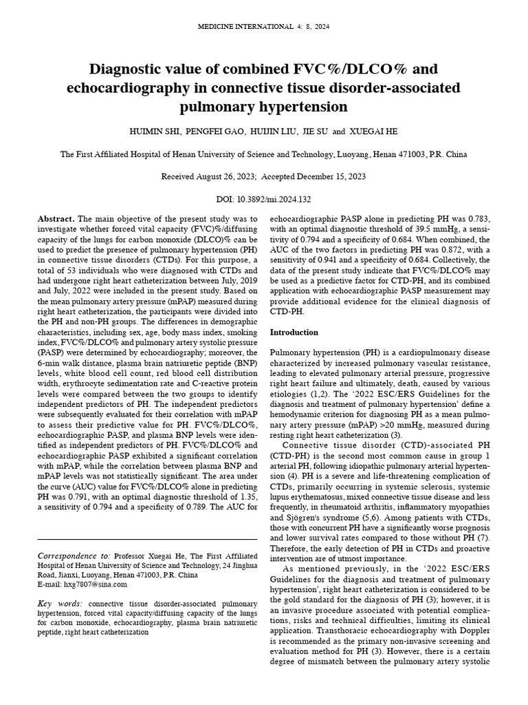Dr. Esti-Diagnostic Value of Combined FVC%DLCO% and Echocardiography in Connective Tissue ...