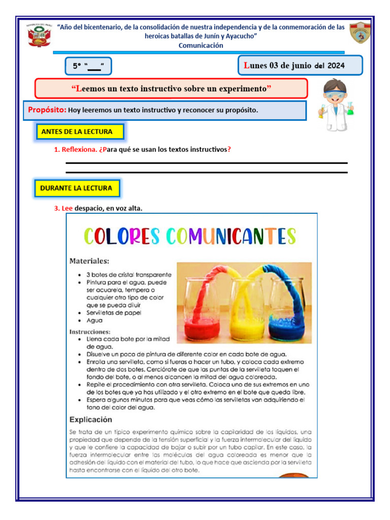 Ficha de Comunicacion Leemos Un Texto Instructivo Sobre Un Experimento | PDF