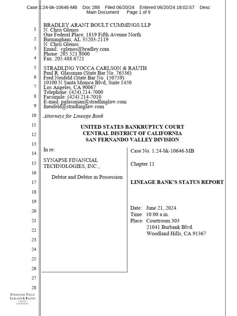 2024.06.20 Lineage Bank Status Report Synapse Bankruptcy | PDF ...
