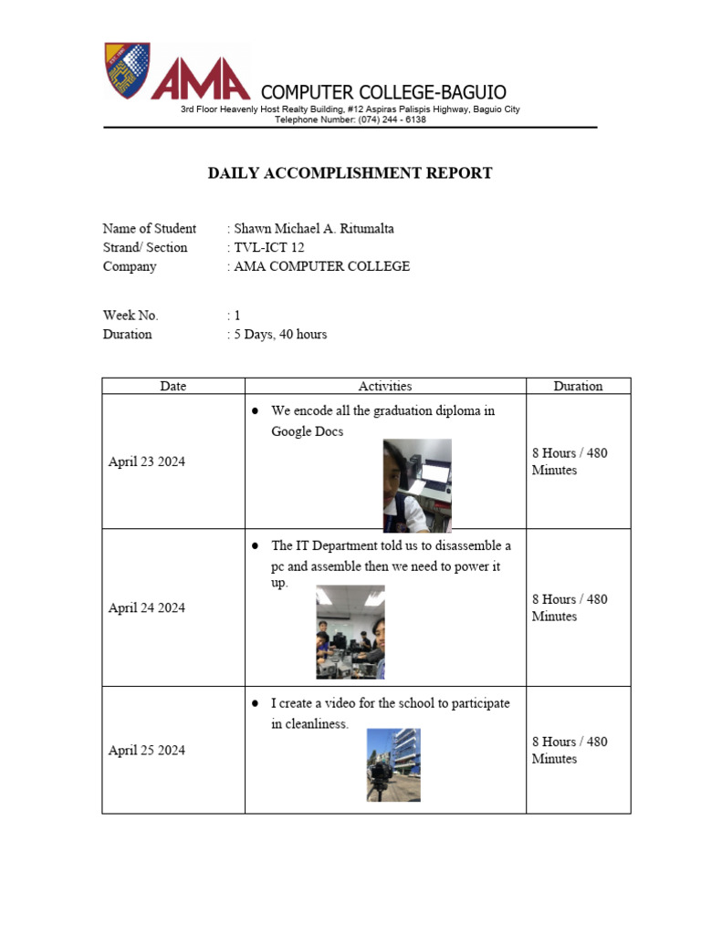 SHS Weekly Accomplishment Report W1 | PDF | Computer Architecture | Information And ...
