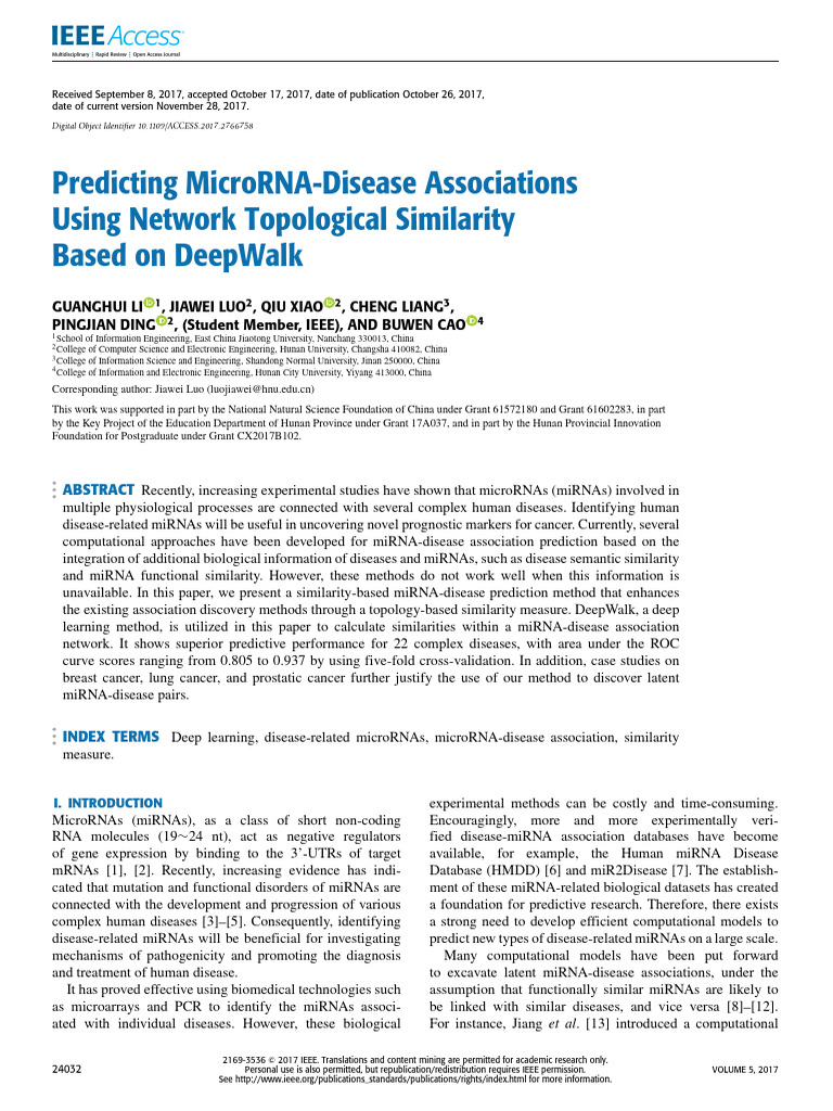 Predicting MicroRNA-Disease Associations Using Network Topological Similarity Based On DeepWalk ...