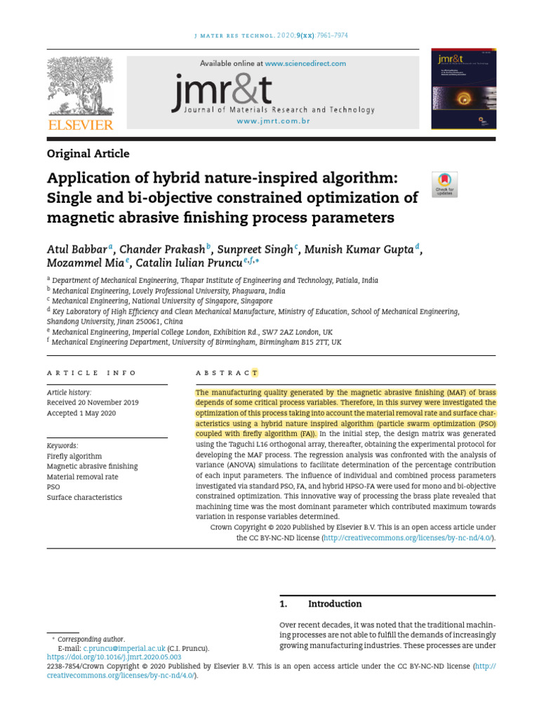 Babbar Et Al. - 2020 - Application of Hybrid Nature-Inspired Algorithm S | PDF | Machining ...